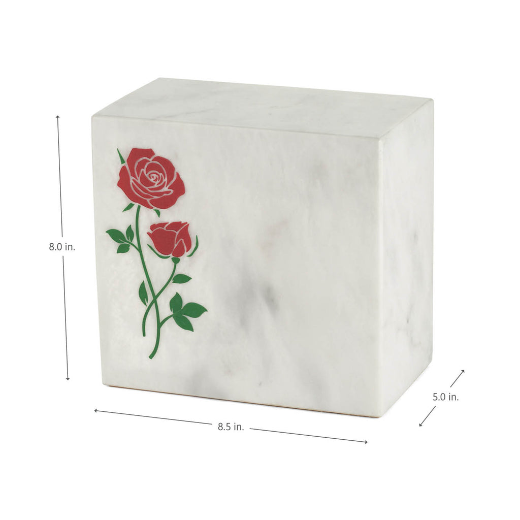 Keystone White Marble Cremation Urn With Red Roses | Oneworld Memorials
