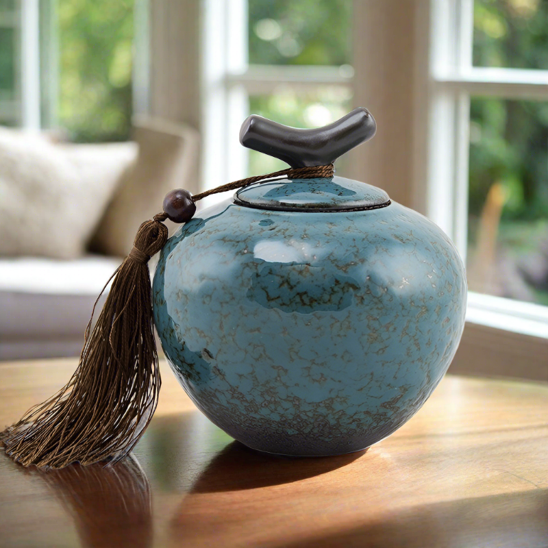 Turquoise Ceramic Pet Urn In Medium | Oneworld Memorials